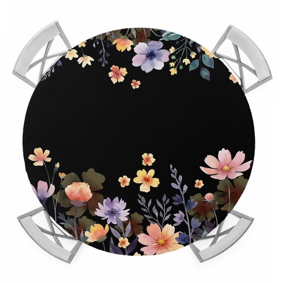 Black Spring Floral Round Tablecloth for 55-60 Inch Tables,Fitted Table ...