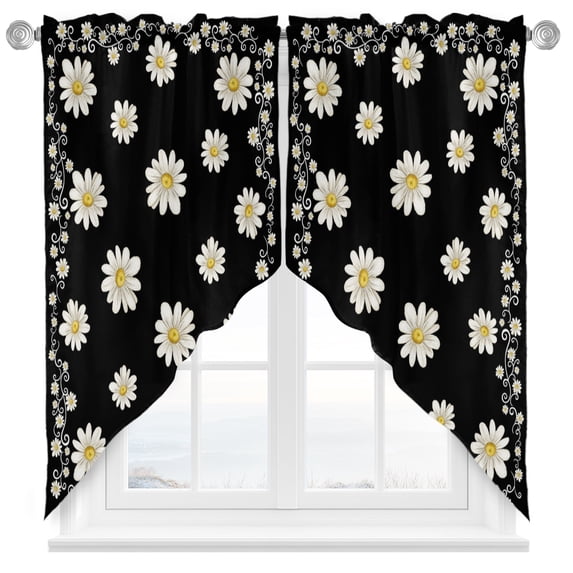 Black Spring Floral Swag Curtains Valance For Kitchen Windows, Daisy ...