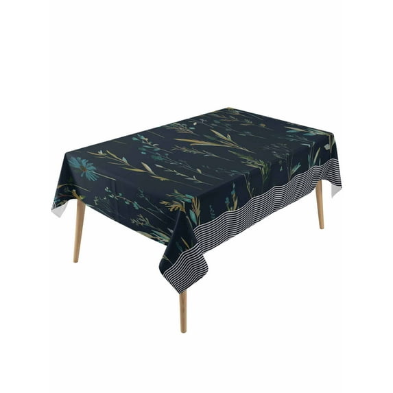 Black Spring Floral Table Cloth, Watercolor Botanical Flower Striped ...