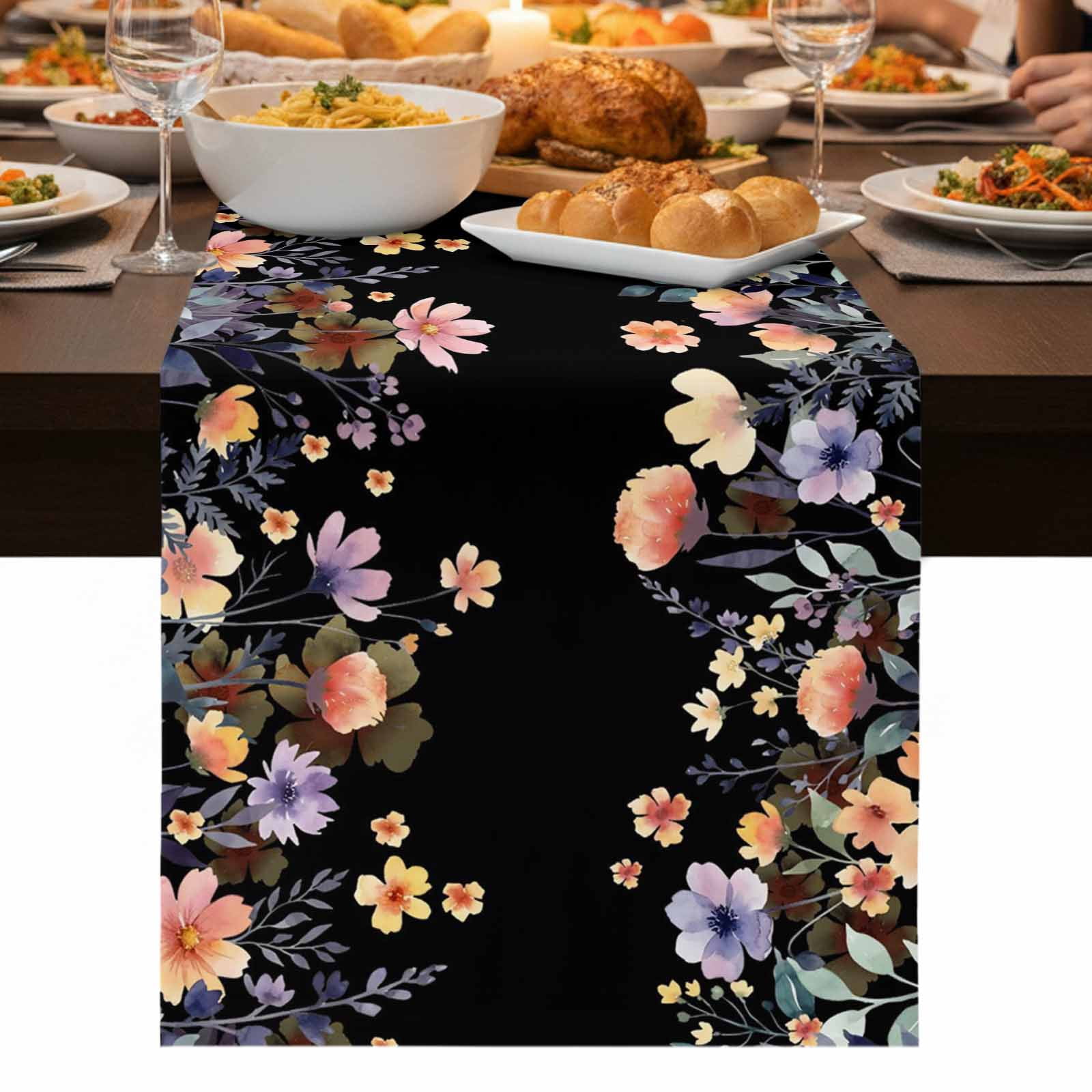 Black Spring Floral Table Runner 72 Inch Long Dresser Scarves Linen ...