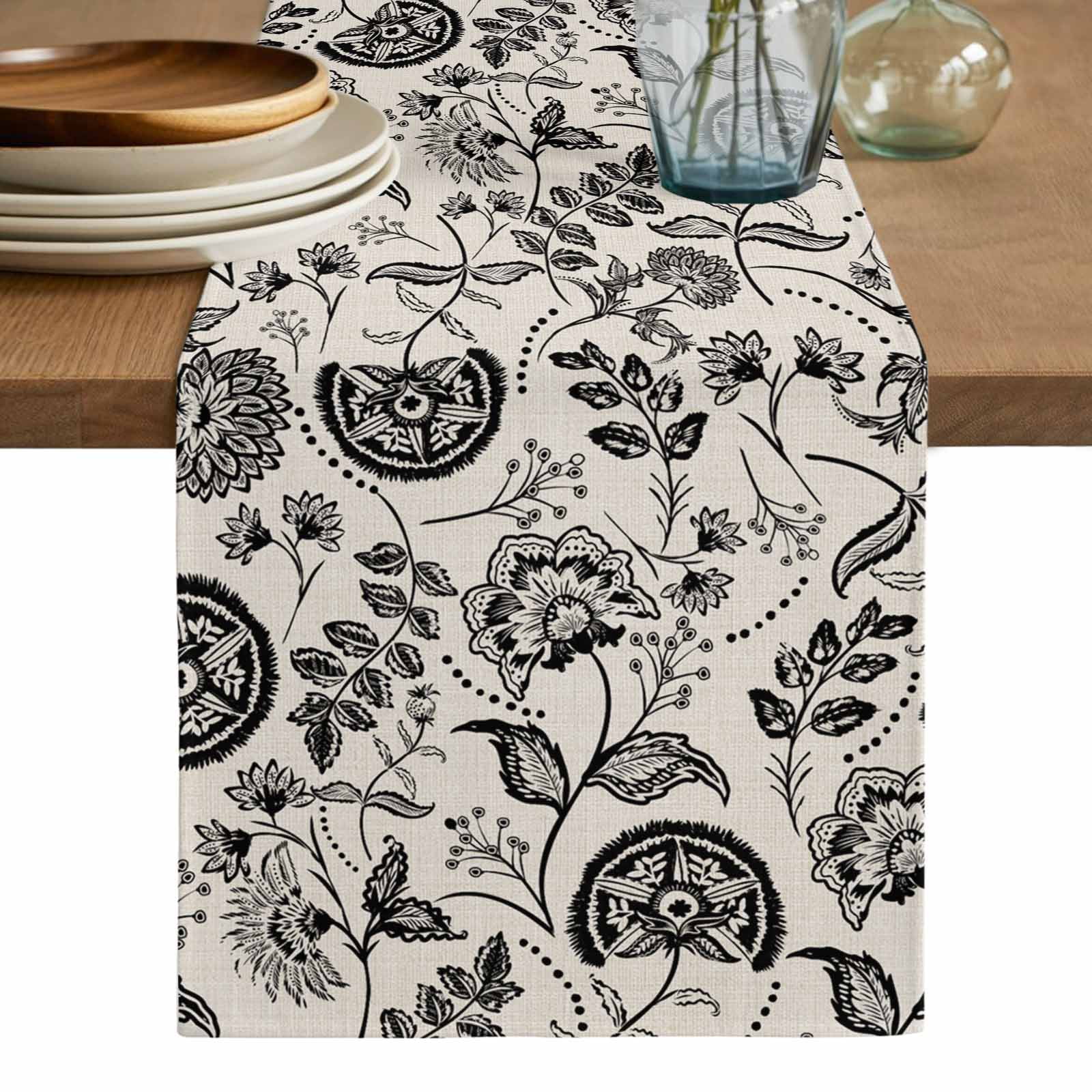 Black Spring Floral Table Runner, Summer Botanical Farmhouse Vintage ...