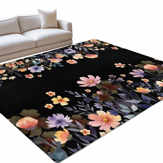 Black Spring Floral Washable Rug 5x7 Area Rug for Living Room Bedroom ...