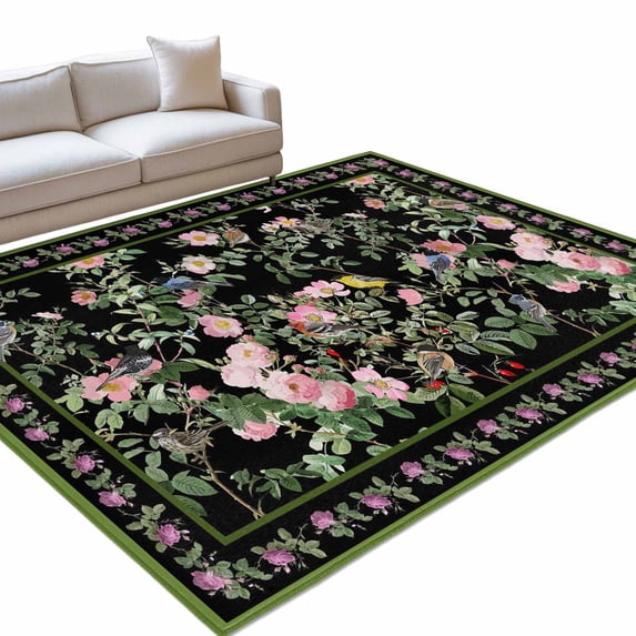 Black Spring Floral Washable Rug 6x9 Area Rug for Living Room Bedroom ...