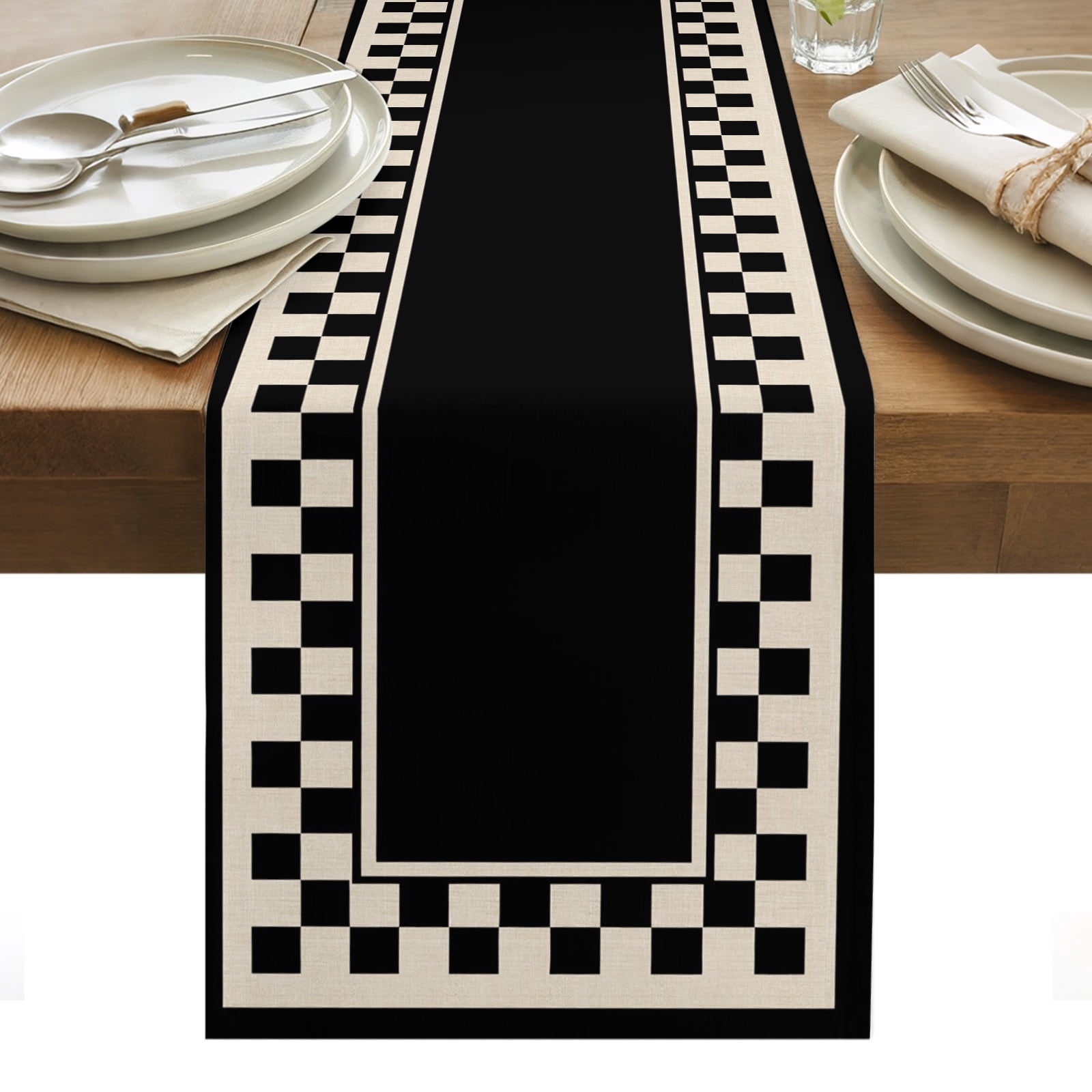 Black Square Cotton Linen Table Runner Graphic Retro Black Khaki ...