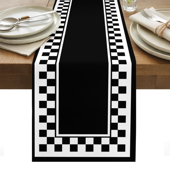 Black Square Cotton Linen Table Runner Graphic Retro Black White ...