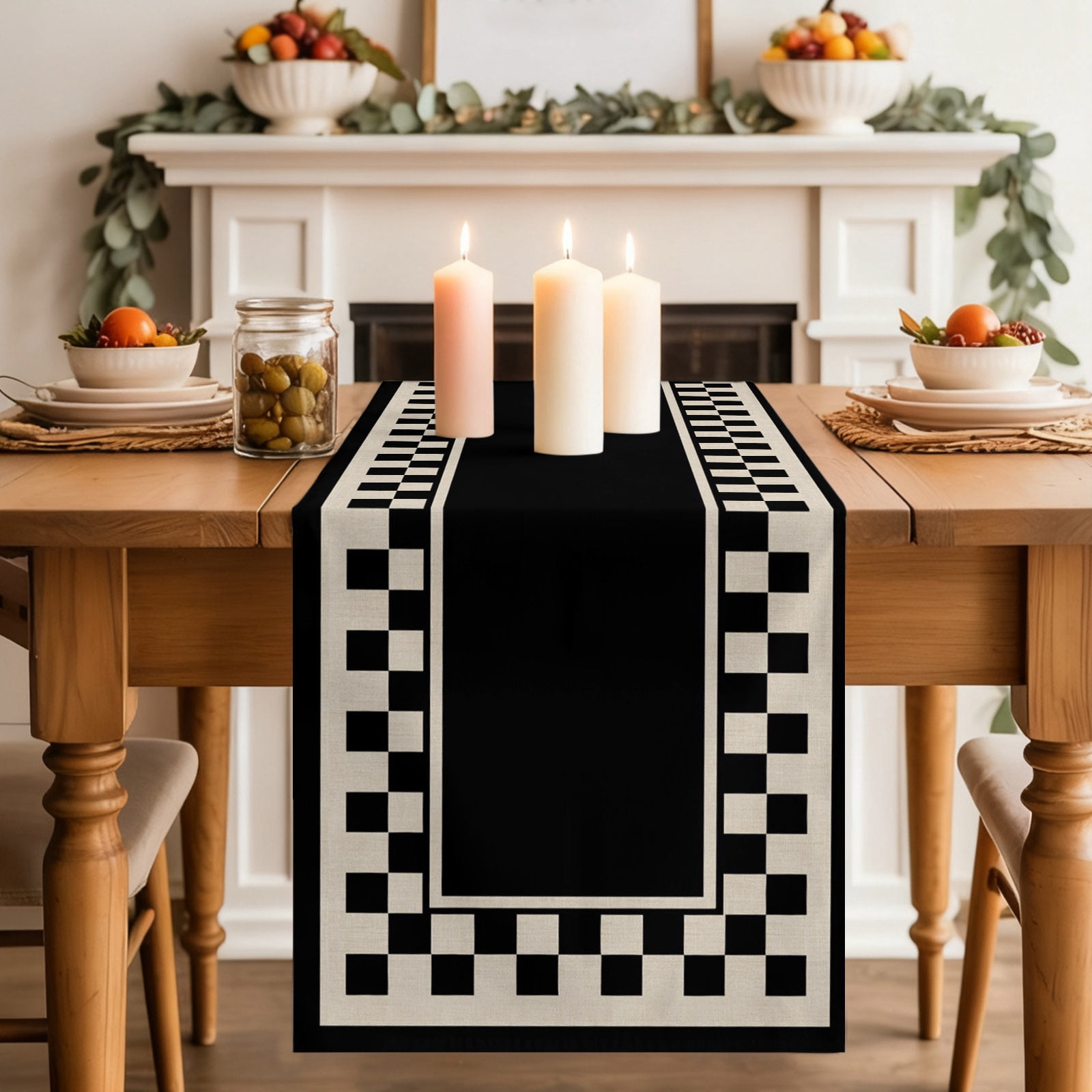 Black Square Dining Table Runner, Graphic Retro Black Khaki Checkered ...