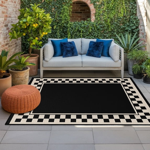 Black Square Indoor Outdoor Rugs 3x5 Ft, Graphic Retro Black Khaki ...