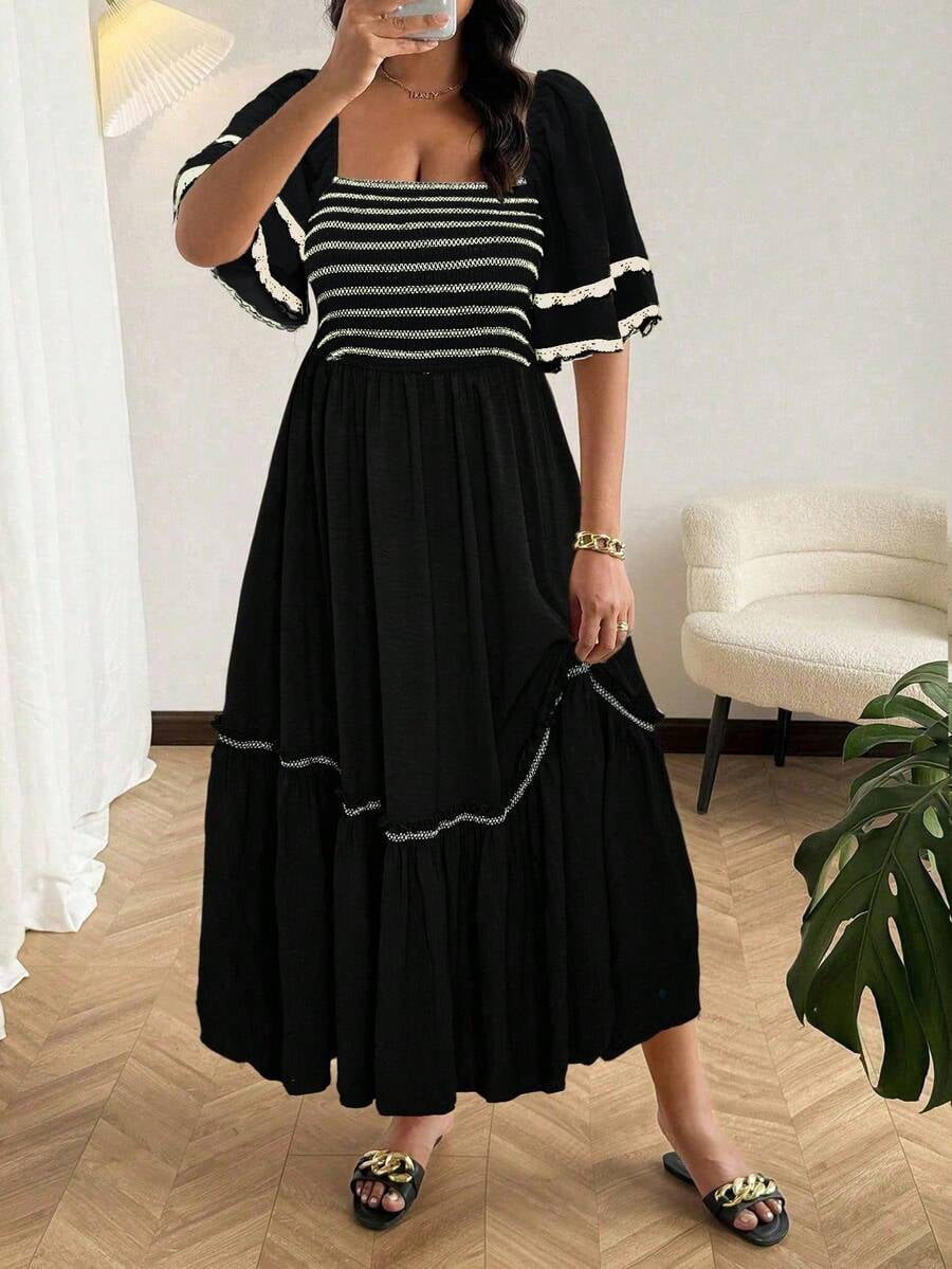 Black Square Neck Boho Maxi Dress With Contrast White Embroidery And ...