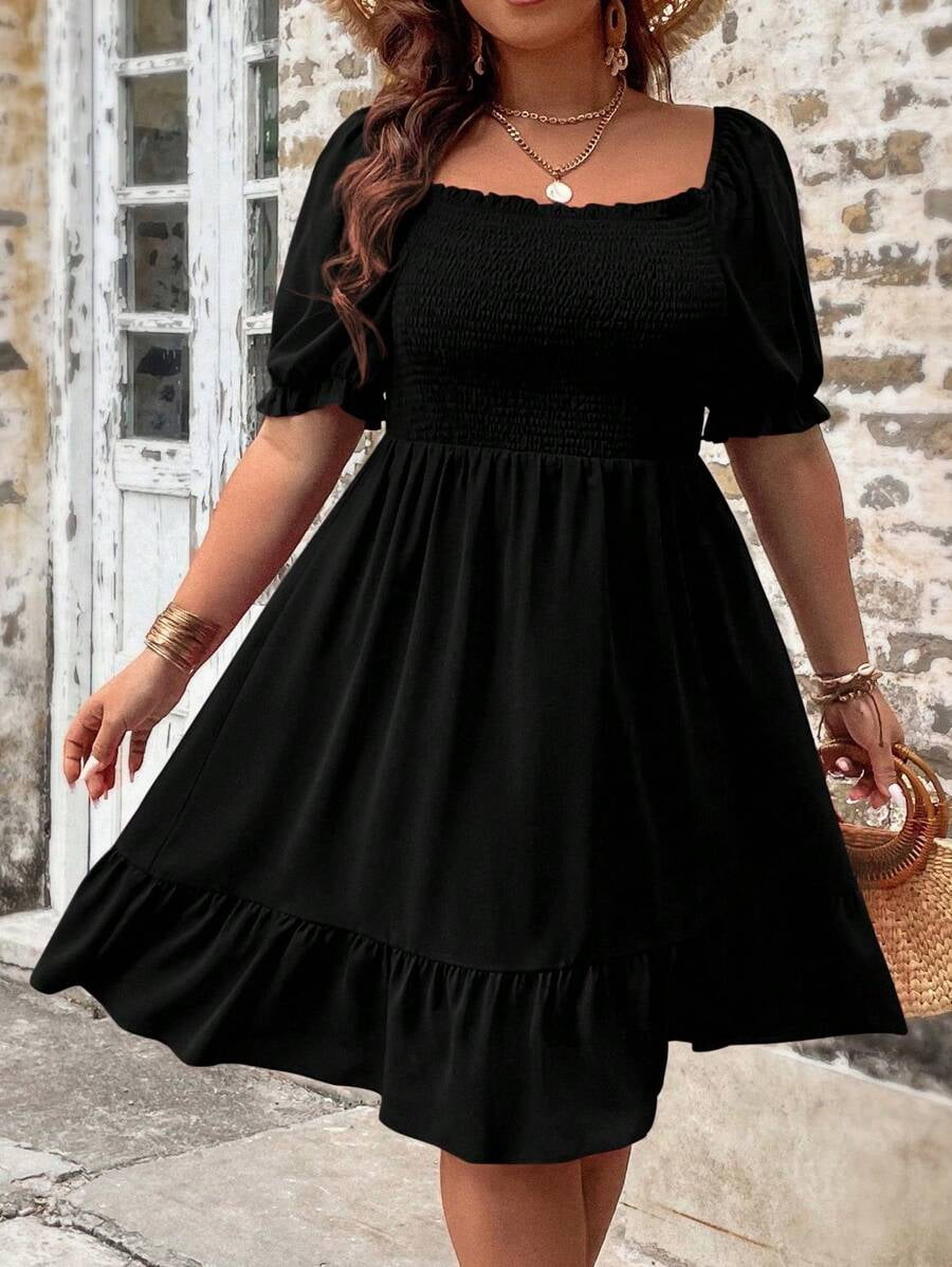 Black Square Neck Puff Sleeve Ruffle Hem A-Line Dress For Women, Summer ...
