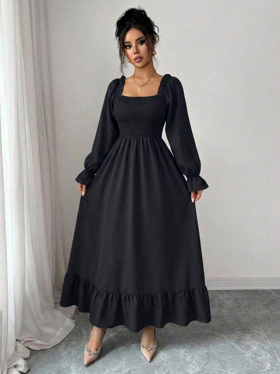 Black Square Neck Smocked Long Sleeve A-Line Ruffle Hem Midi Dress For ...