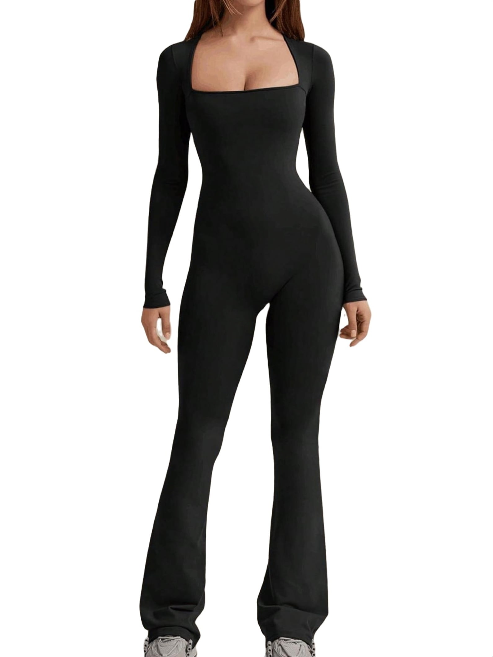 Black Square Neck Wide Leg Long Sleeve High Stretch Women's Jumpsuit ...