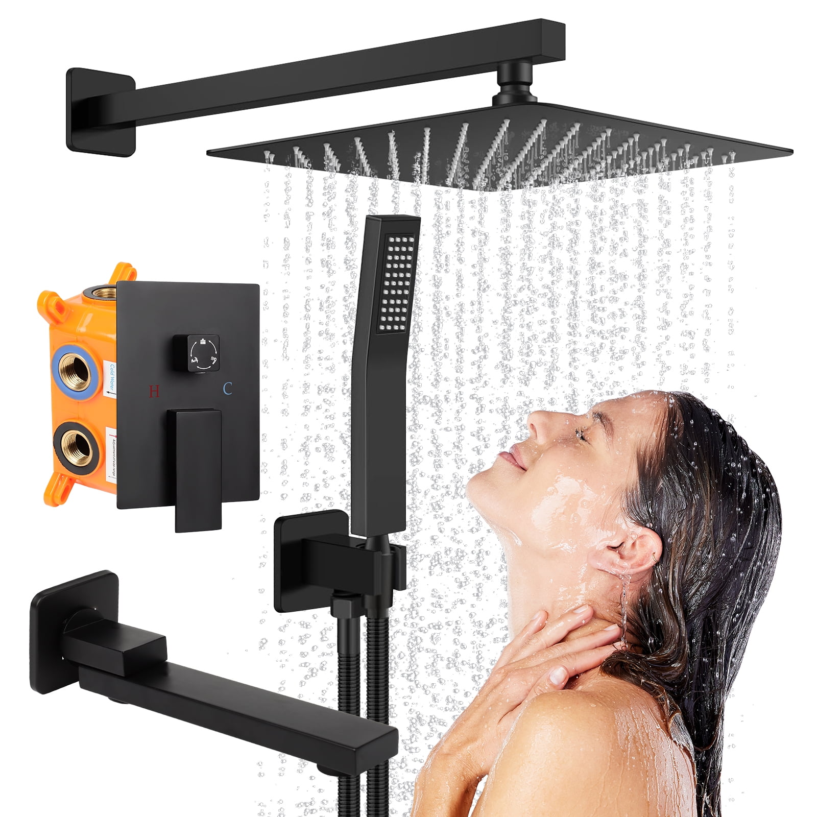 Black Square Rainfall Shower Head and Handle Set, Wall Mounted Shower ...