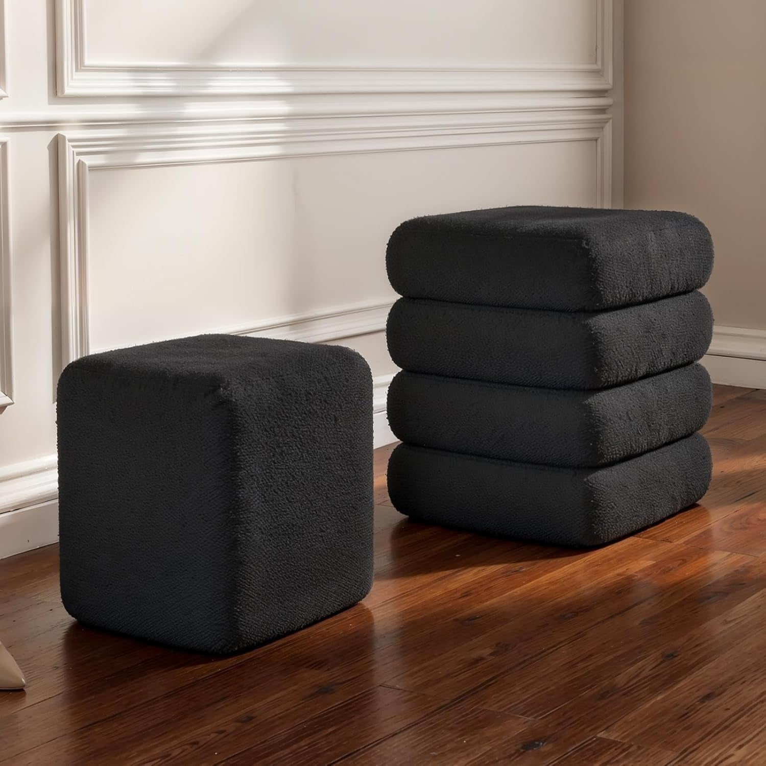 Black Square Set of 2 Sherpa Storage Ottoman Stools with Removable Lid ...