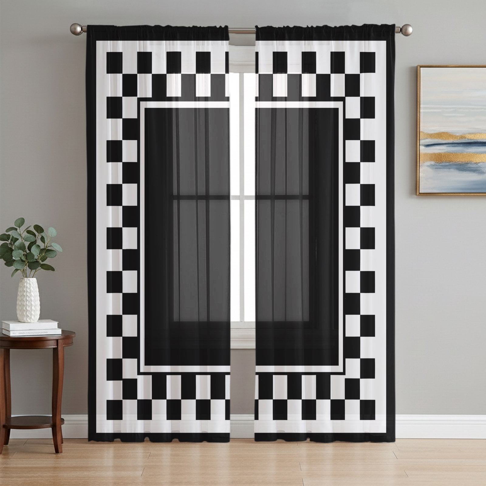 Black Square Sheer Curtains for Living Room Bedroom, Graphic Retro ...
