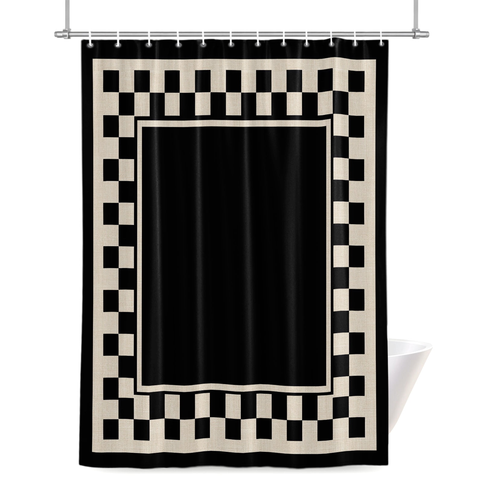 Black Square Shower Curtain, Graphic Retro Black Khaki Checkered Border ...