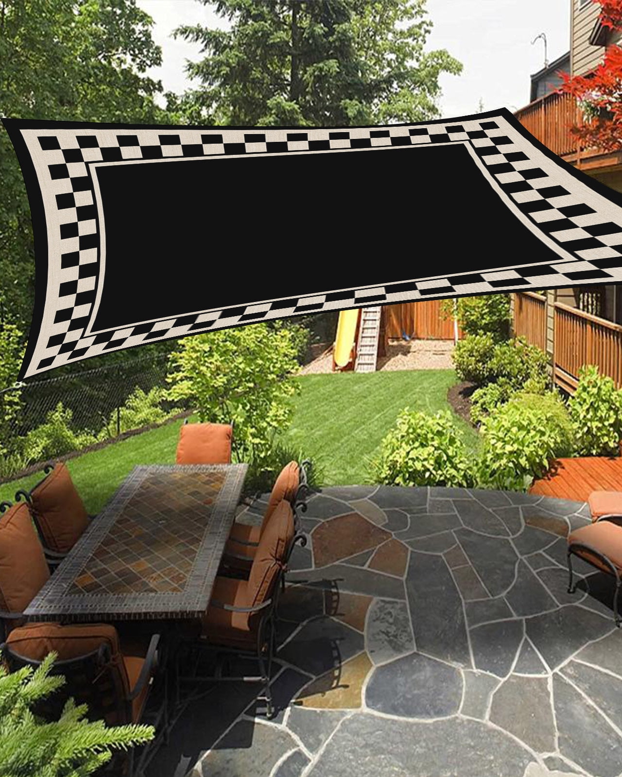 Black Square Sun Shade Sail 12'X16' Graphic Retro Black Khaki Checkered ...