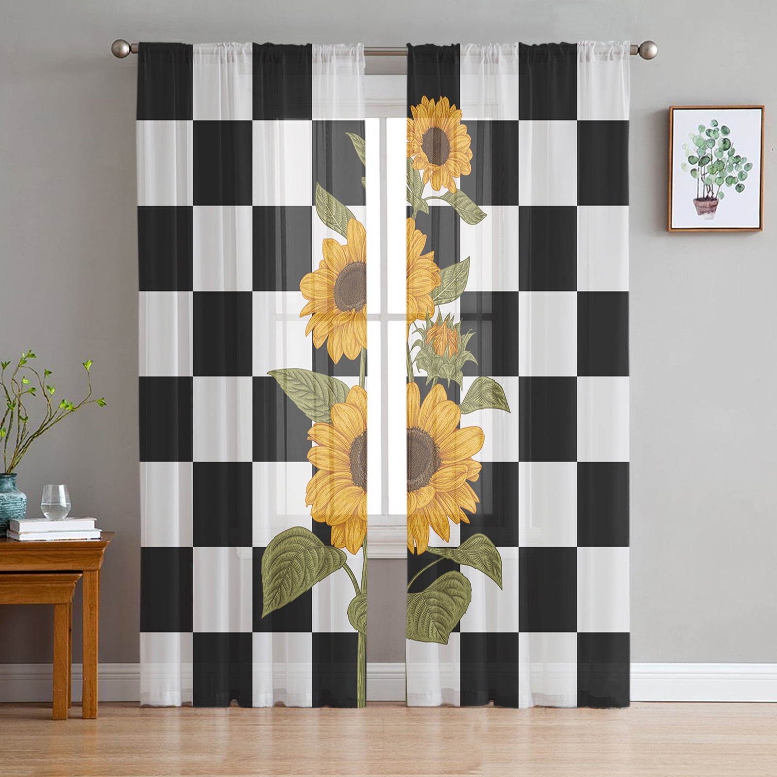 Black Square Sunflower Printed Curtains Drape Sheer Tulle Home ration ...