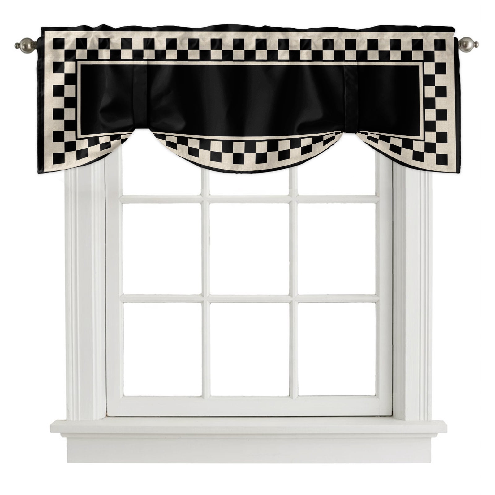 Black Square Tie Up Valances Curtain, Graphic Retro Black Khaki ...