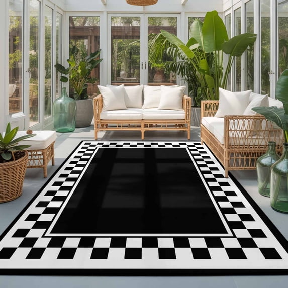 Black Square Washable Living Room Rugs 8'x10', Graphic Retro Black ...