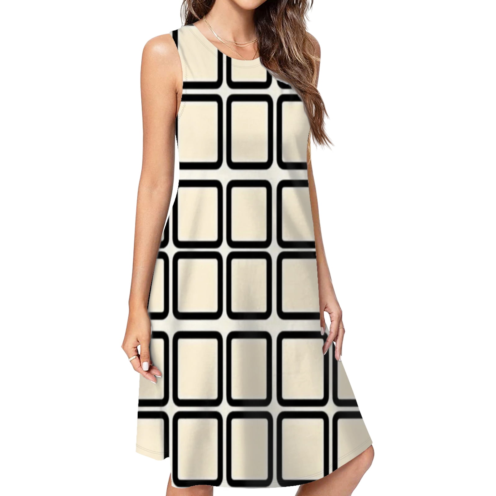 Black Squares Cream Background Pattern Casual Sleeveless Loose Sundress ...