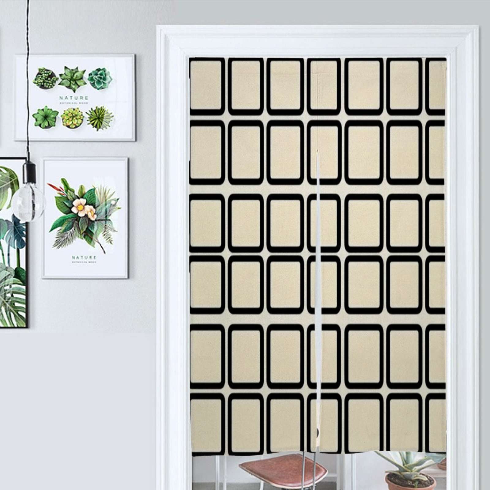 Black Squares Cream Background Pattern Door Curtain Nordic Living Room ...