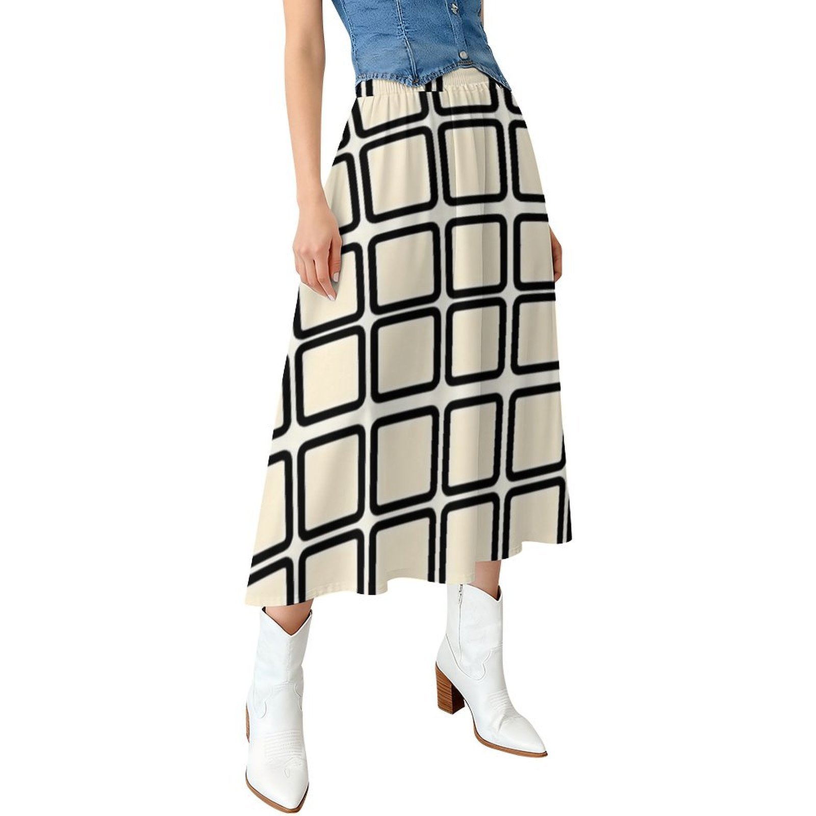 Black Squares Cream Background Pattern Women High Waist Midi Skirt ...