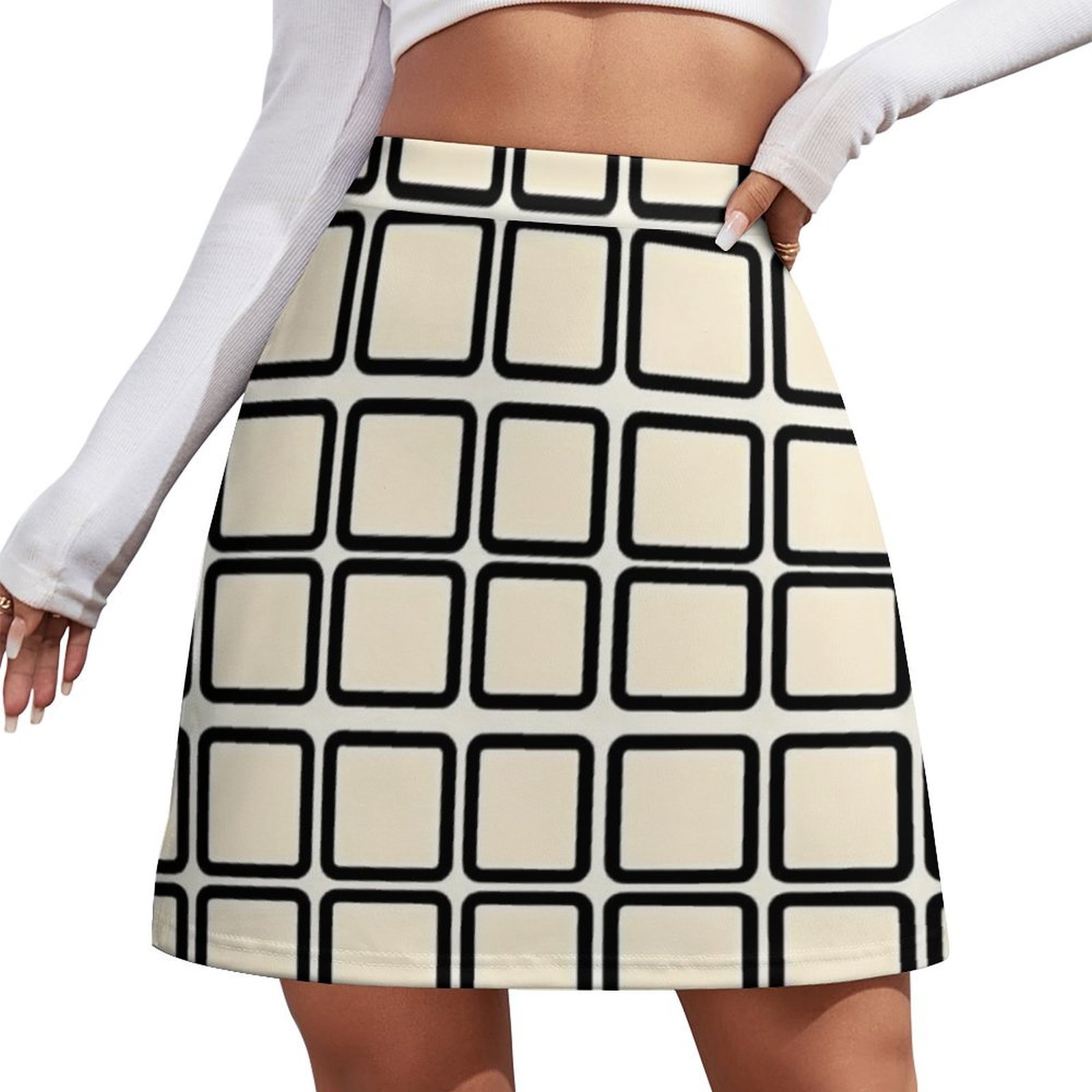 Black Squares Cream Background Pattern Women's High Waist Skirt ...