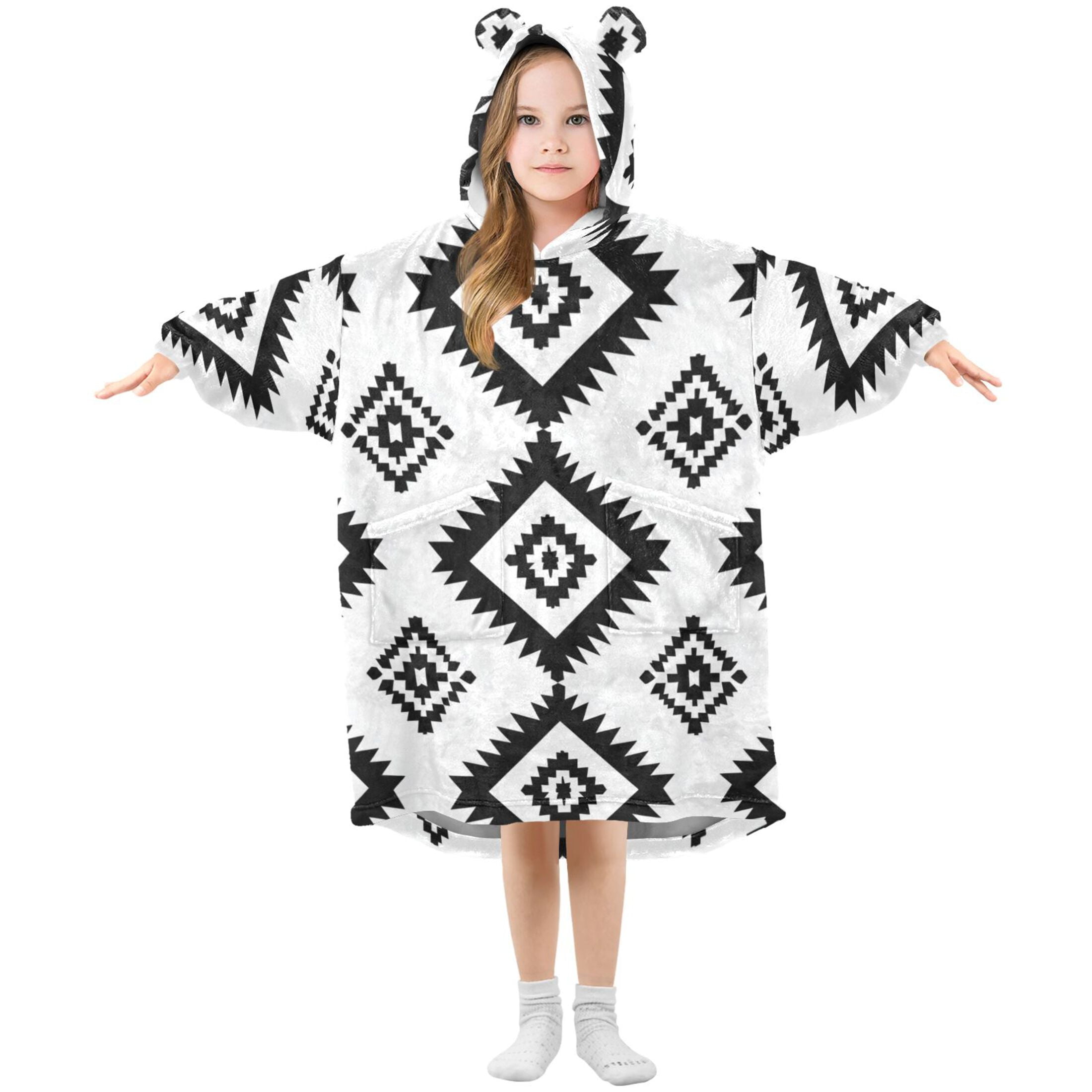 Black Squares on White Background Flannel Wearable Blankets Hooded ...