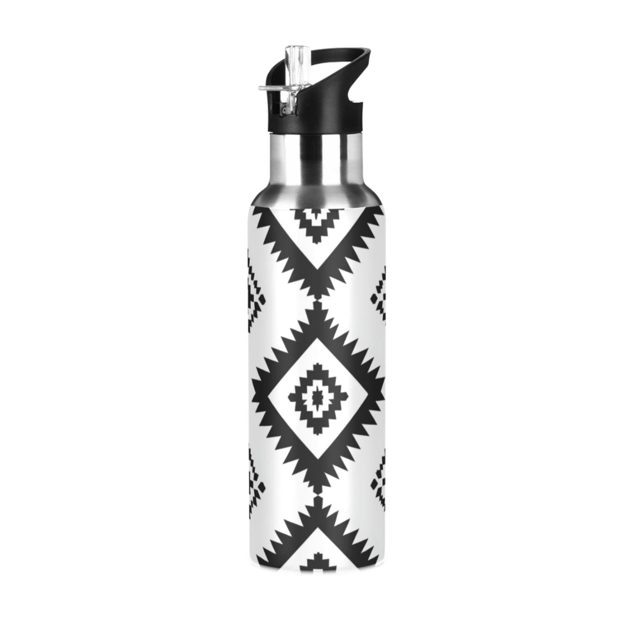Black Squares on White Background Sports Bottle with Straw Stainless ...