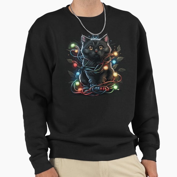 Black St. Nick Cat Tangled Up In Lights Graphic Unisex Sweatshirt Funny ...