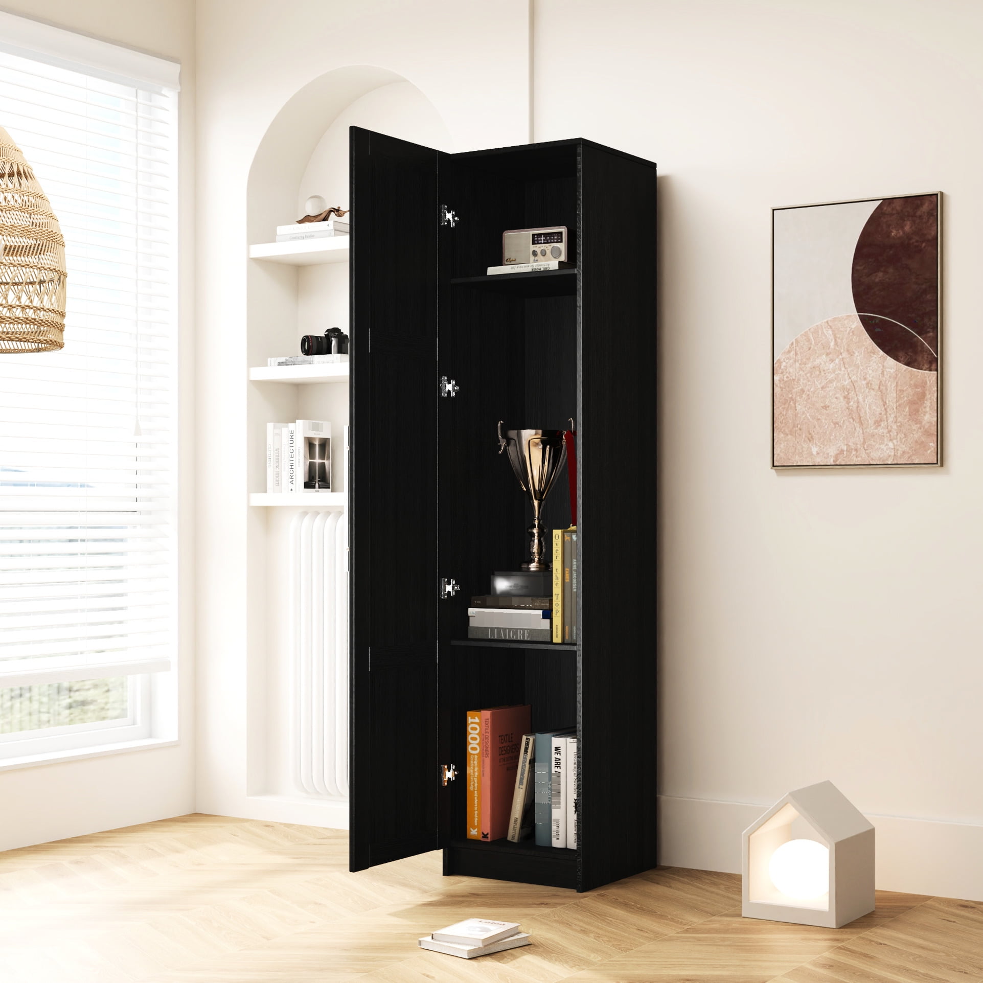 Black Stackable Wall Cabinet, 16.04" D X W 69.15" H. Movable Partitions ...