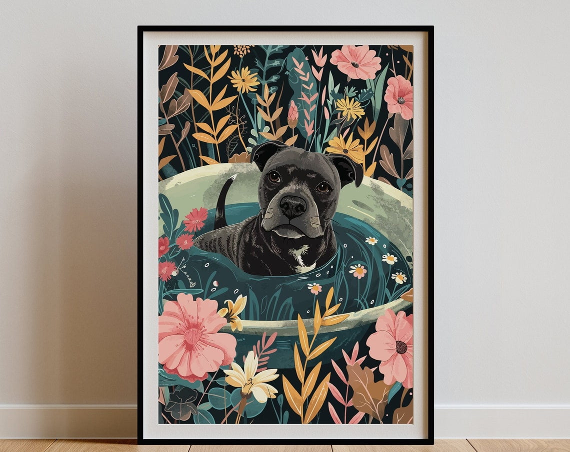 Black Staffy Wall Art, Jungle Bathtub Tropical Print, Maximalist ...