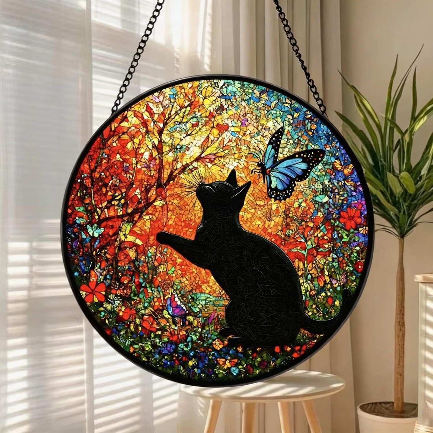 Black Stained Glass Window - Real Glass Kitten Butterfly Suncatcher for ...