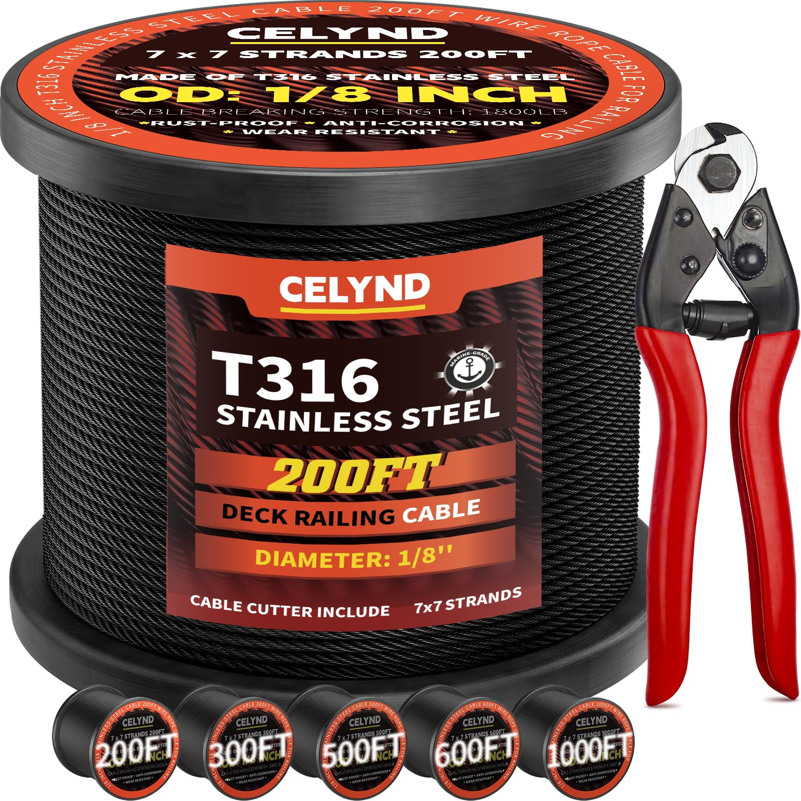 Black Stainless Steel Cable for Railing - 200FT 1/8" T316 Wire Rope for ...