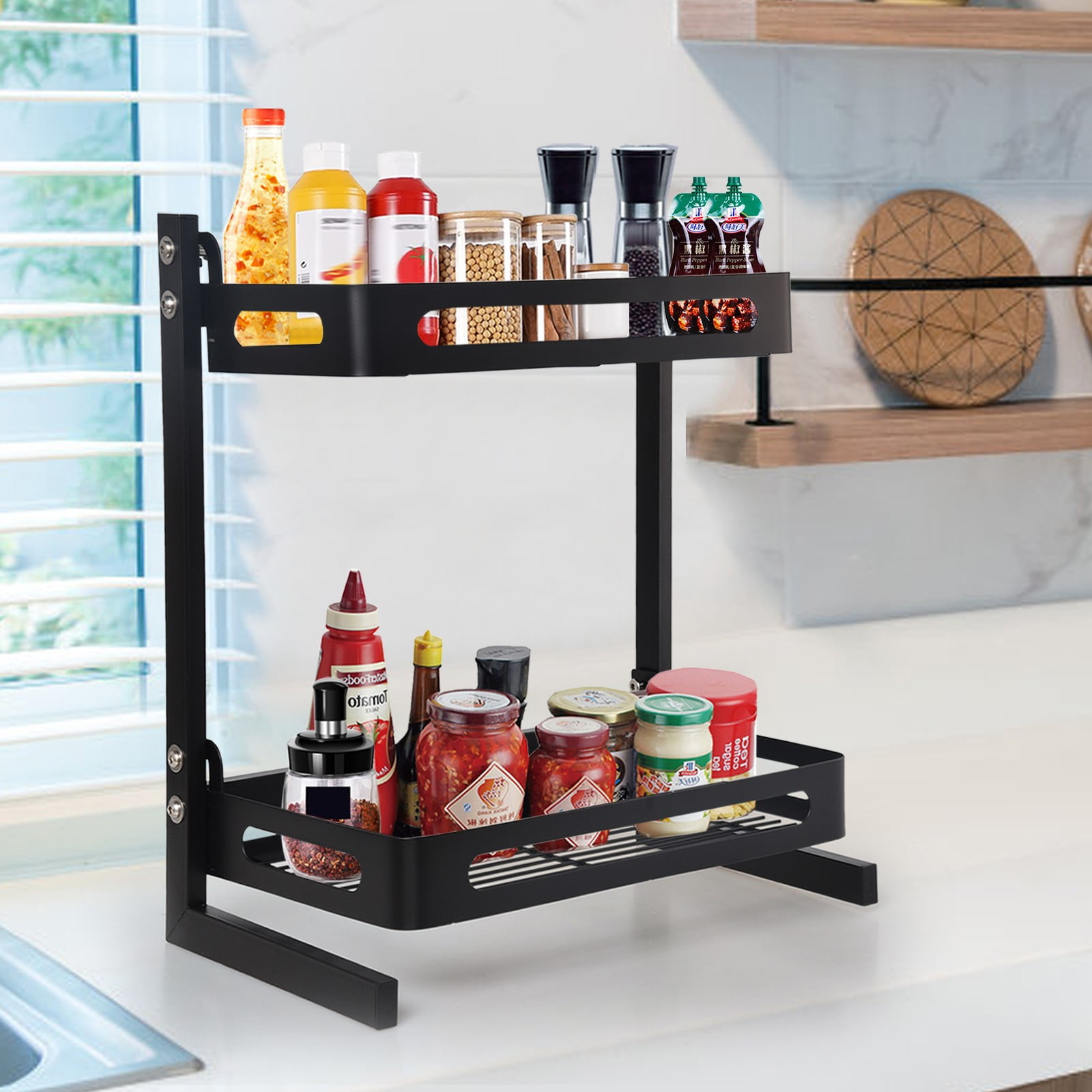 Black Stainless Steel Kitchen Seasoning Rack Condiment Double Layer ...
