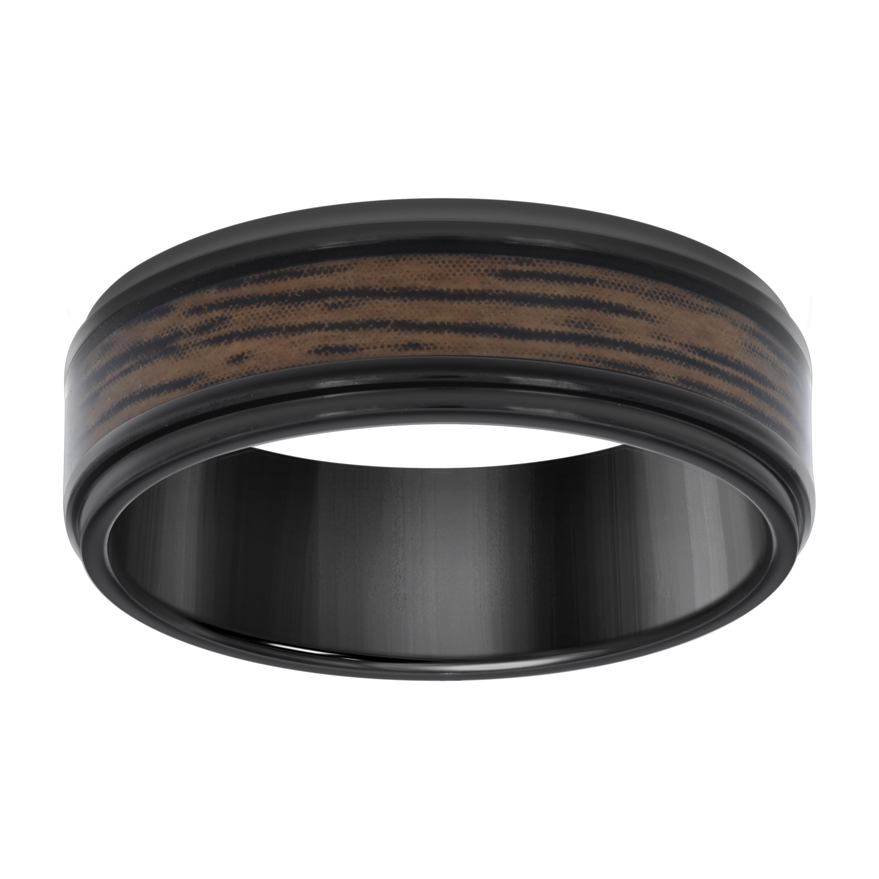Black Stainless Steel Men's Comfort Fit Brown Wood Inlay w/ Step Edge ...
