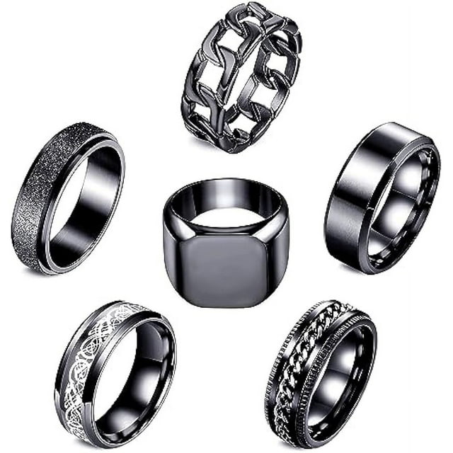 Black Stainless Steel Rings for Men 6pcs Mens Rings Band Fidget Ring ...