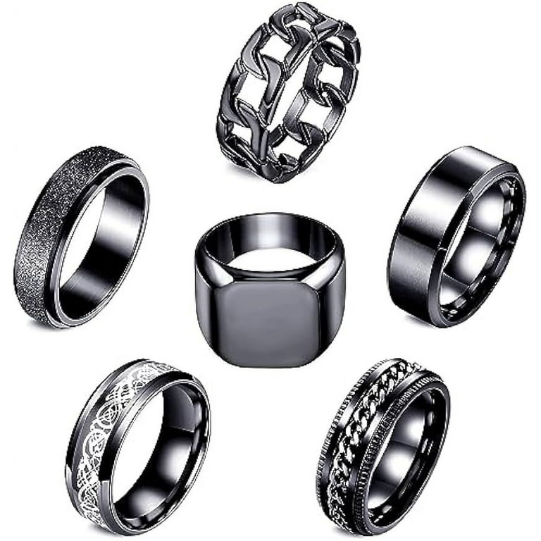 Black Stainless Steel Rings for Men 6pcs Mens Rings Band Fidget Ring Cool Spinner Rings for Men Adult Unisex Size 10