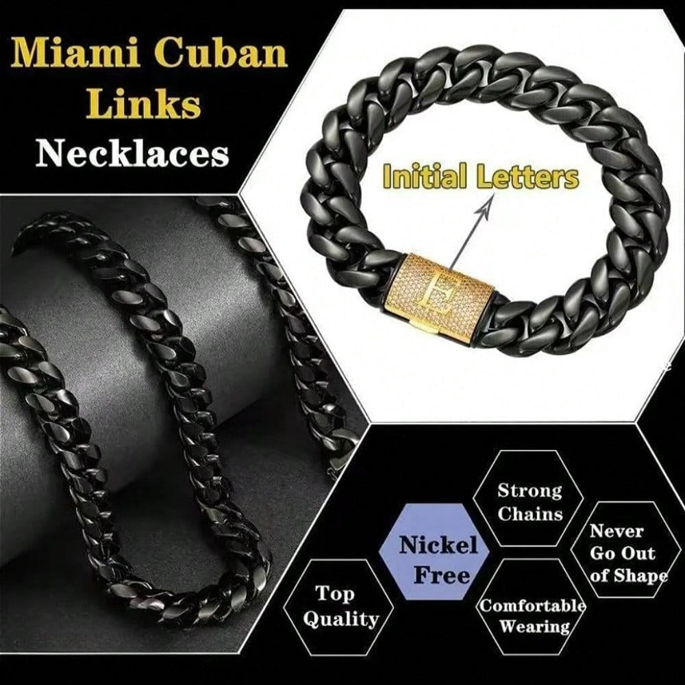 Black Stainless Steel Round Cuban Chain Letter Necklace or Bracelet for ...