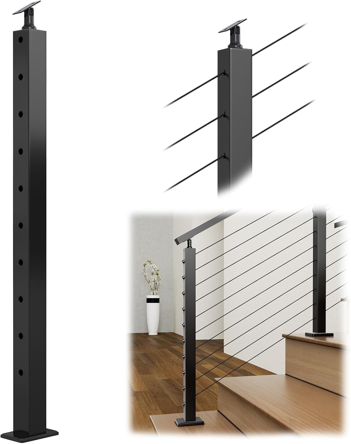 Black Stair Cable Railing Post 36 Inch for 25-35 Degrees Stair 36"x2"x2 ...