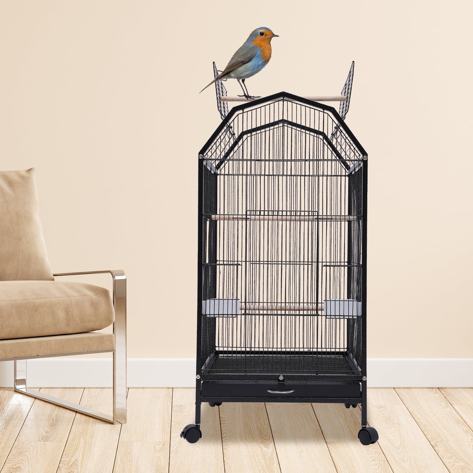 Black Stand Metal Pet Bird Flight Cages Large Finch Bird Cage for Mid ...