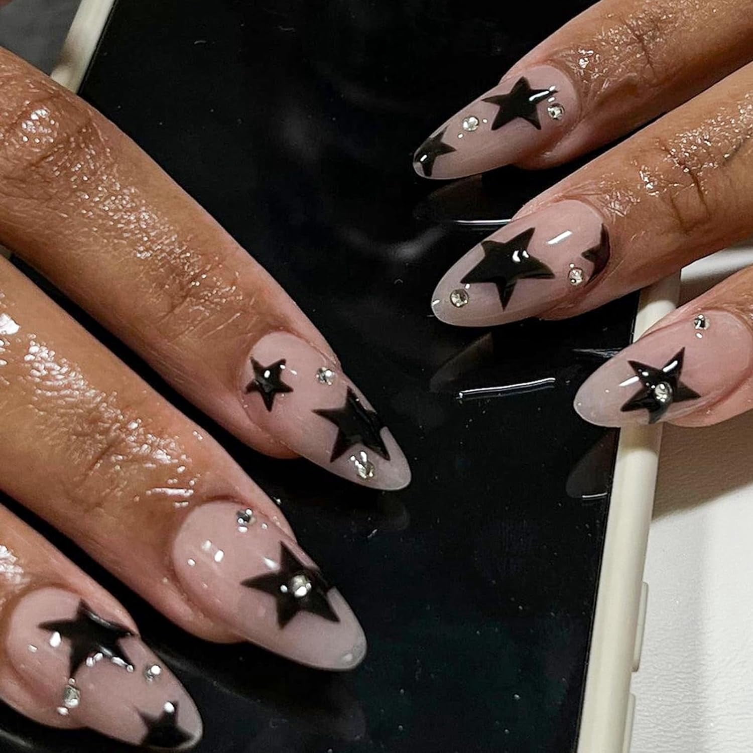 Black Star Press on Nails Medium Almond Fake Nails with Design ...