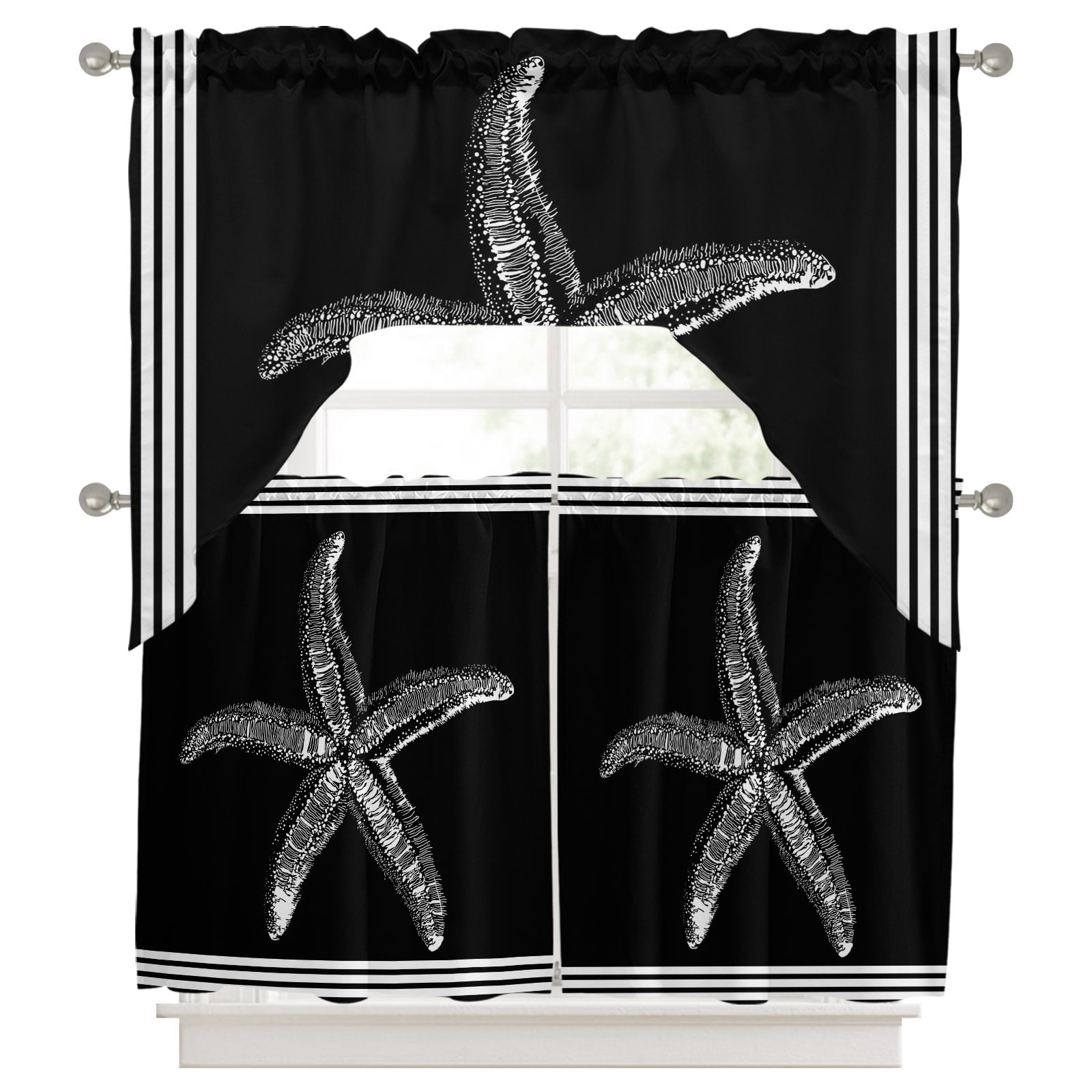 Black Starfish Coastal Kitchen Curtains Swag Valance and Tier Curtains ...