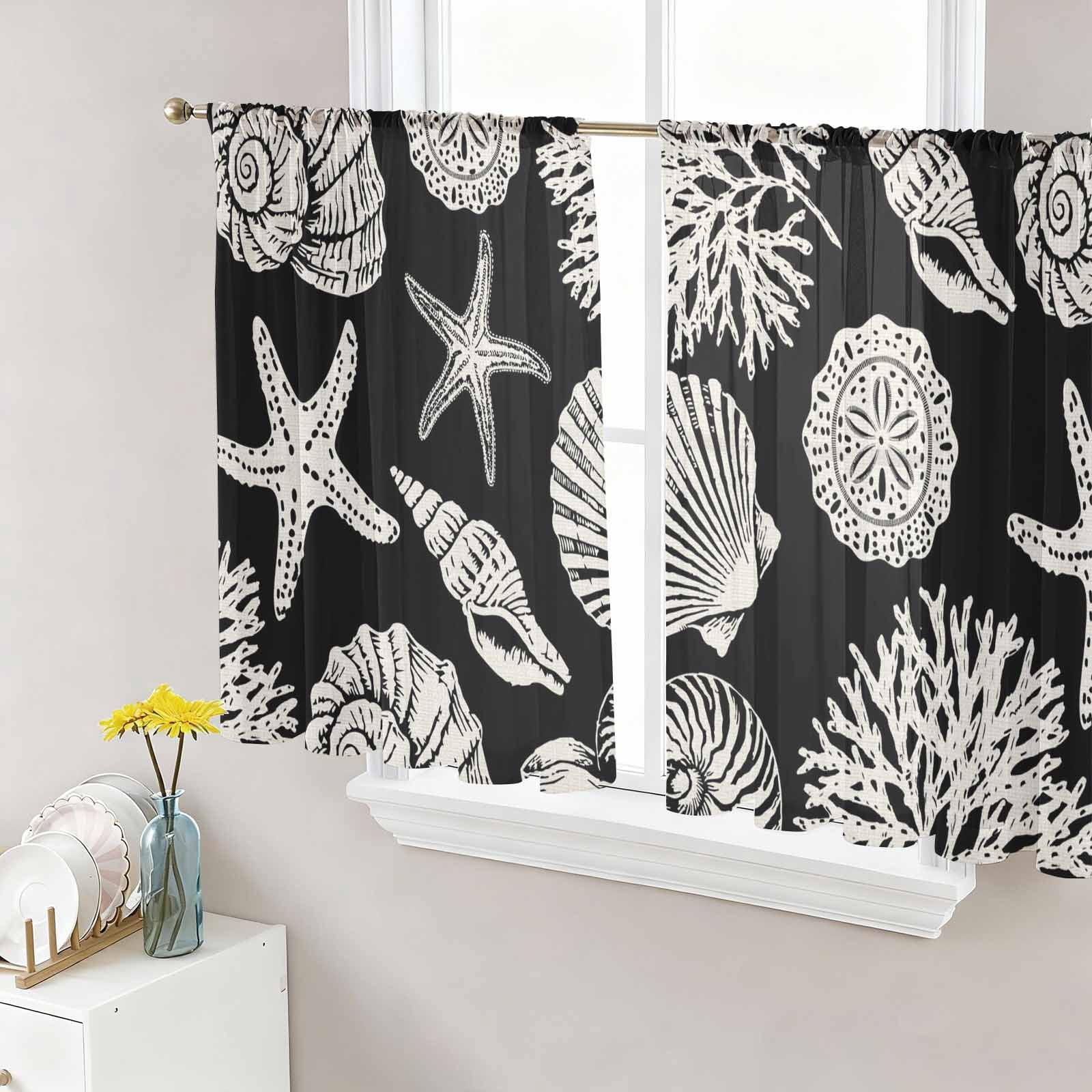 Black Starfish Coastal Sheer Curtains for Living Room Bedroom Shell ...