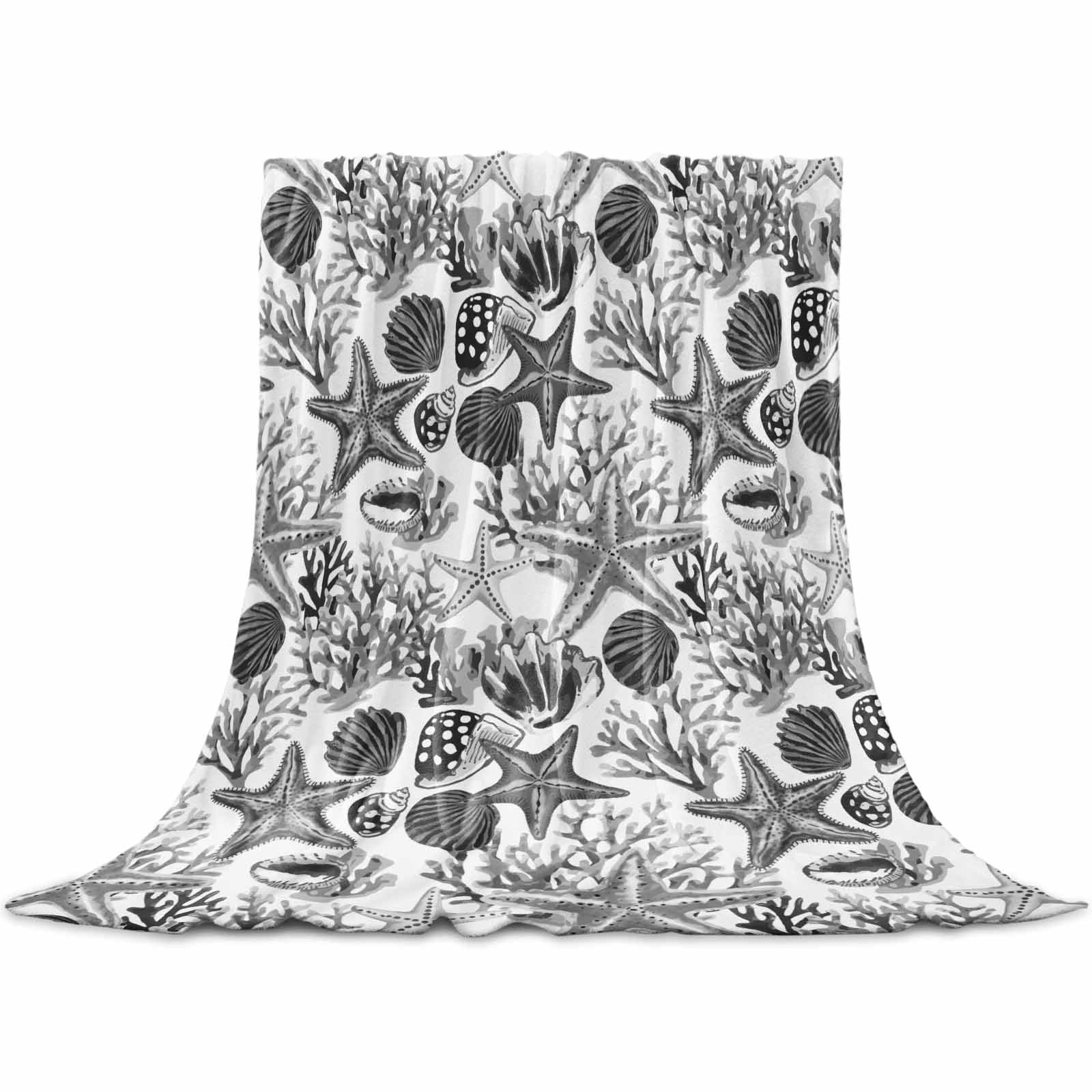 Black Starfish Coral Flannel Blanket for Bed, Ocean Shell Grey Vintage ...