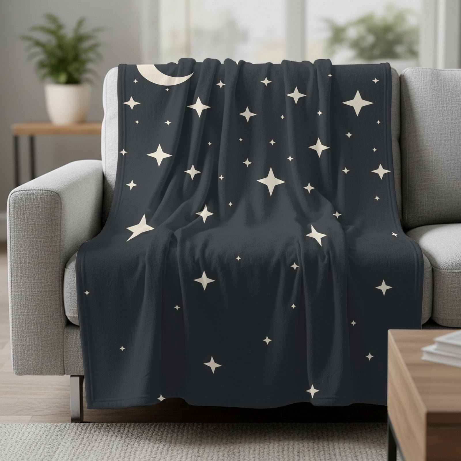 Black Starry Night Fleece Throw Blanket Stars Moon Black Background ...
