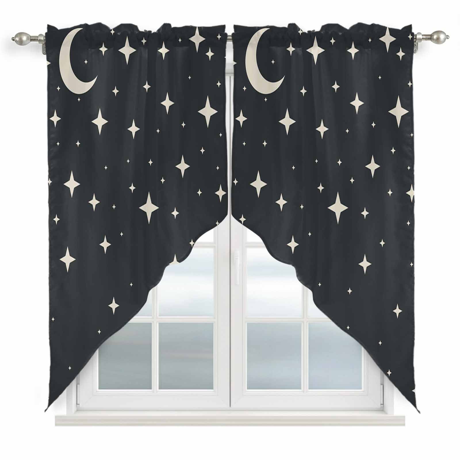 Black Starry Night Swag Curtain Valance for Window 2 Panels Stars Moon ...