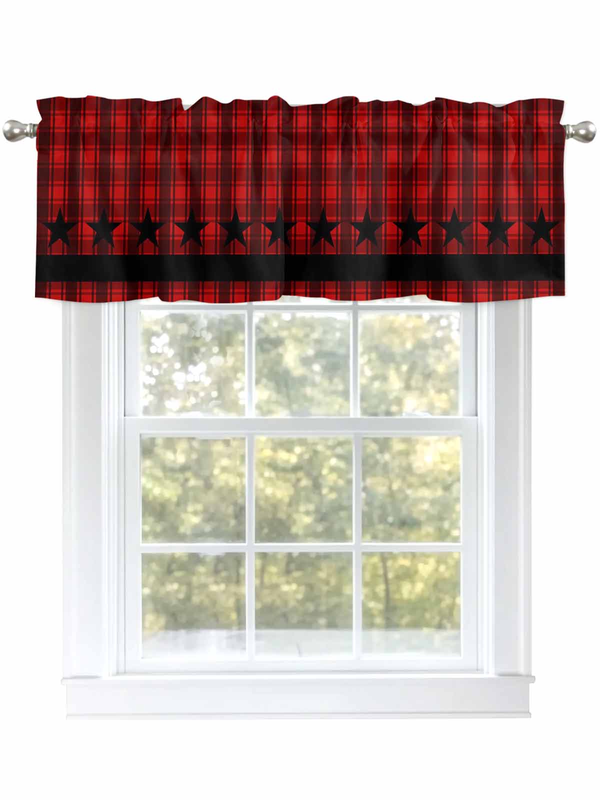 Black Stars Buffalo Plaid Valances for Windows, Rod Pocket Kitchen ...