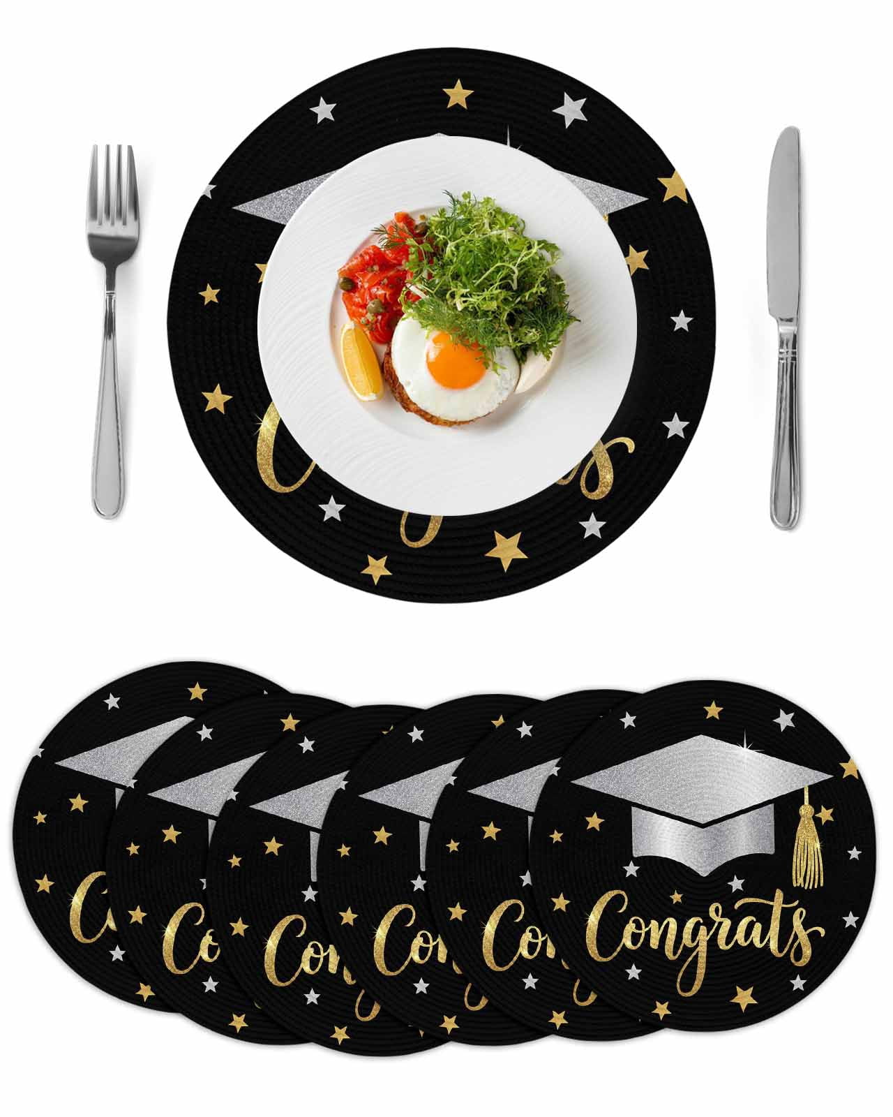 Black Stars Graduation Round 13 Inch Placemats Set of 6, Yellow White ...