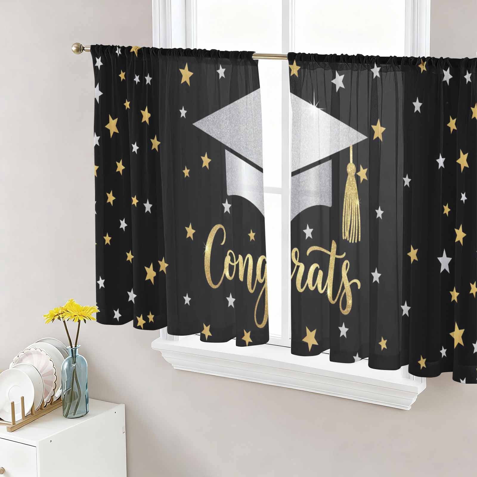 Black Stars Graduation Sheer Curtains 45 Inch Length 2 Panels Set ...